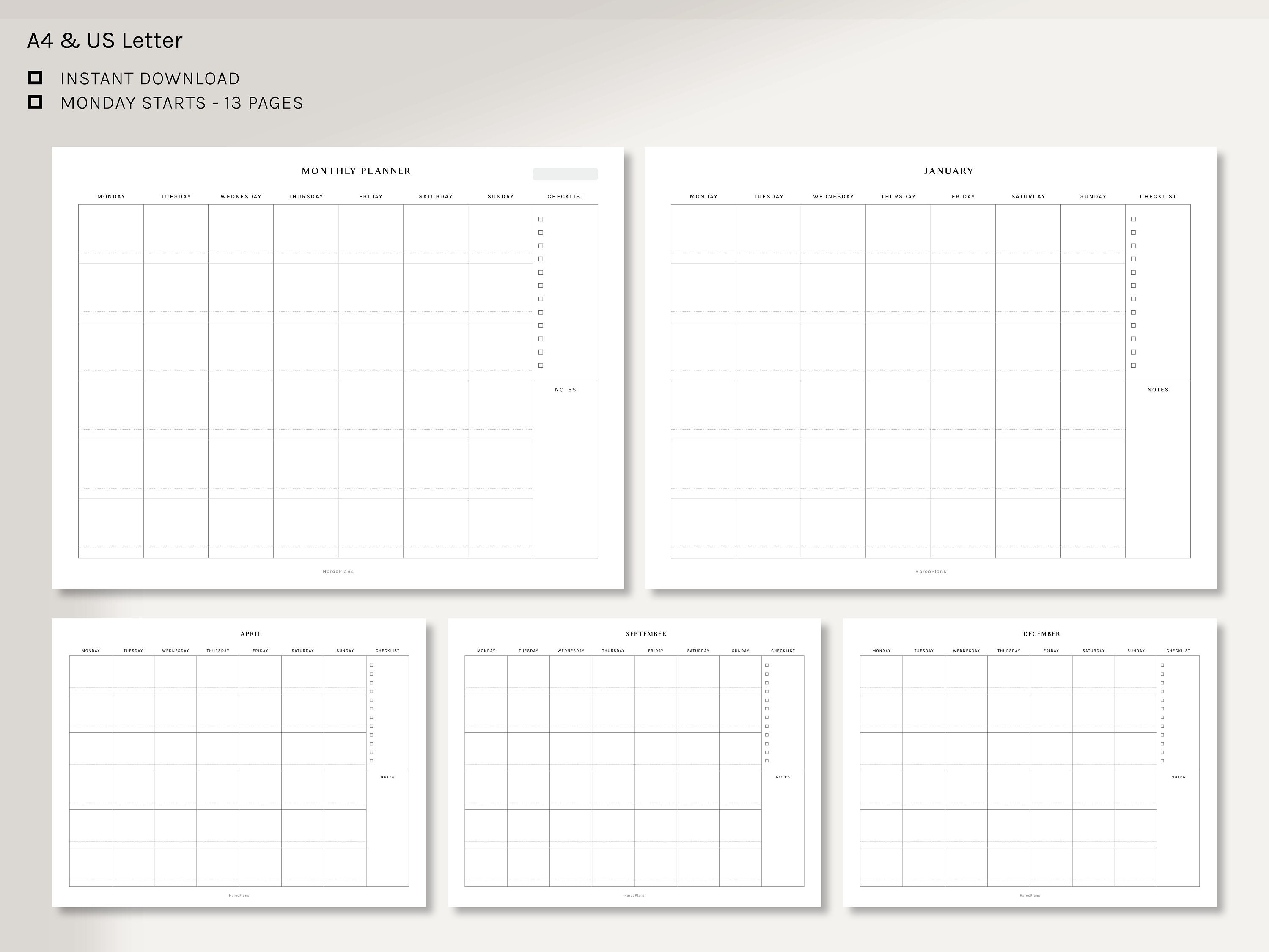 Undated Monthly Planner Printable A4 US Letter Blank - Etsy