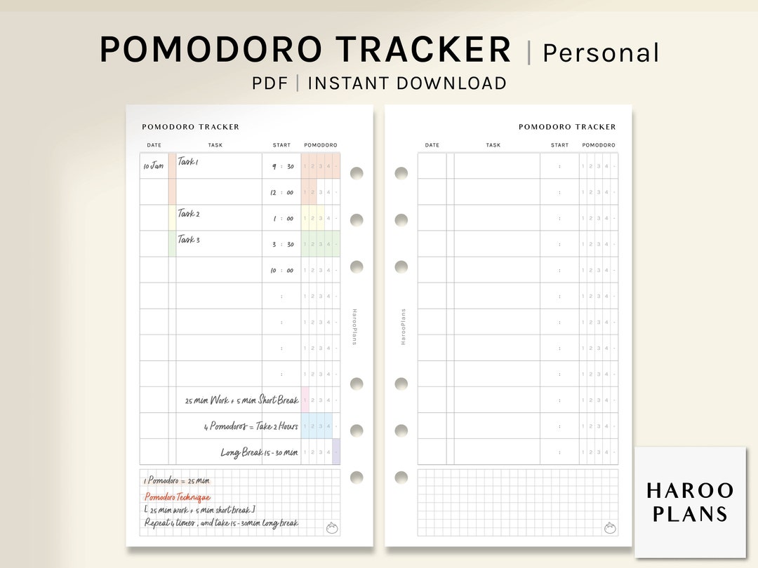 Pomodoro Tracker | Personal Size Printable Planner Inserts | Study Time Management Template ...