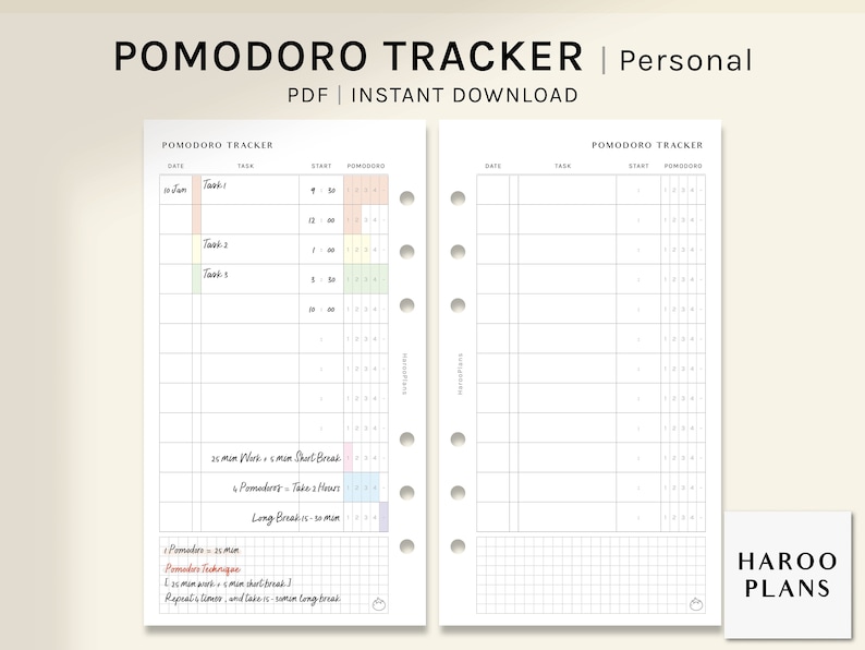 Pomodoro Tracker | Personal Size Printable Planner Inserts | Study Time ...