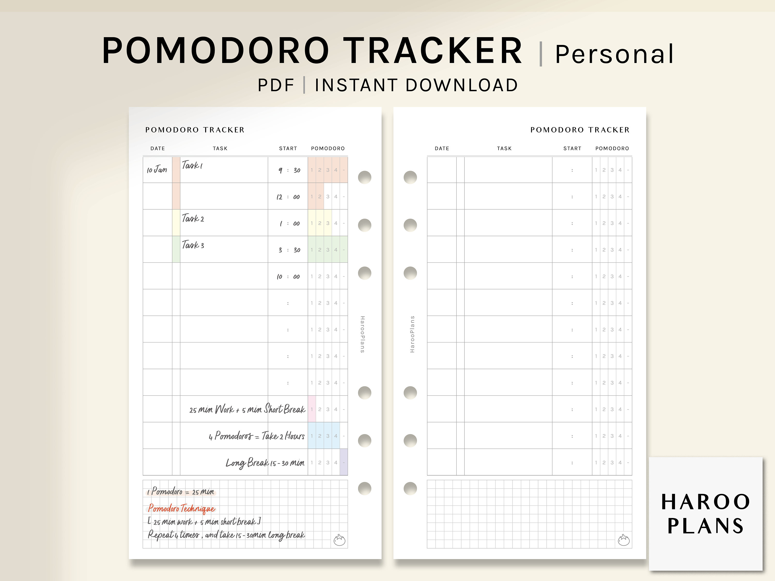 Pomodoro Tracker | Personal Size Printable Planner Inserts | Study Time ...