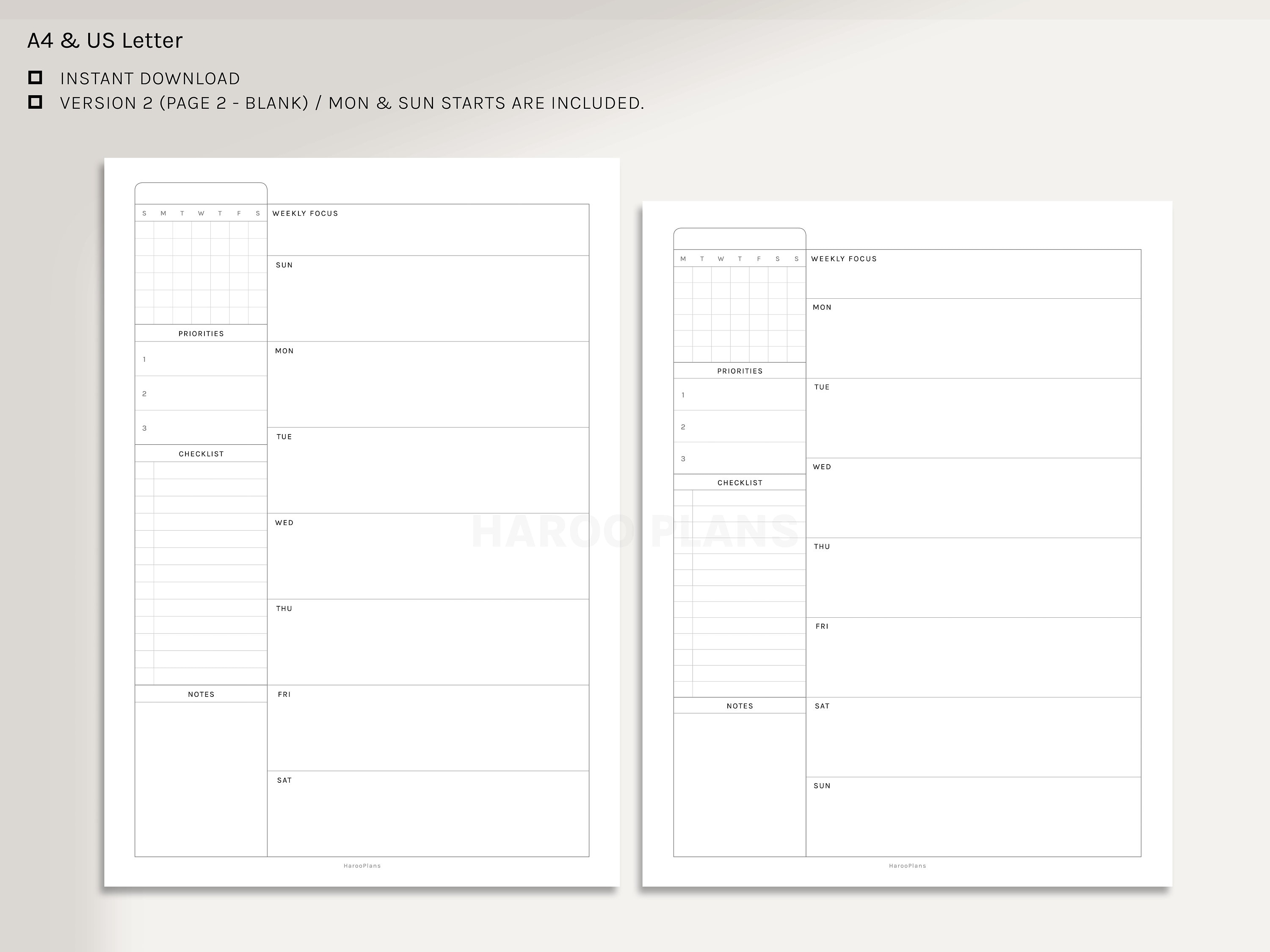 Undated Weekly Planner A4 US Letter Printable Planner - Etsy