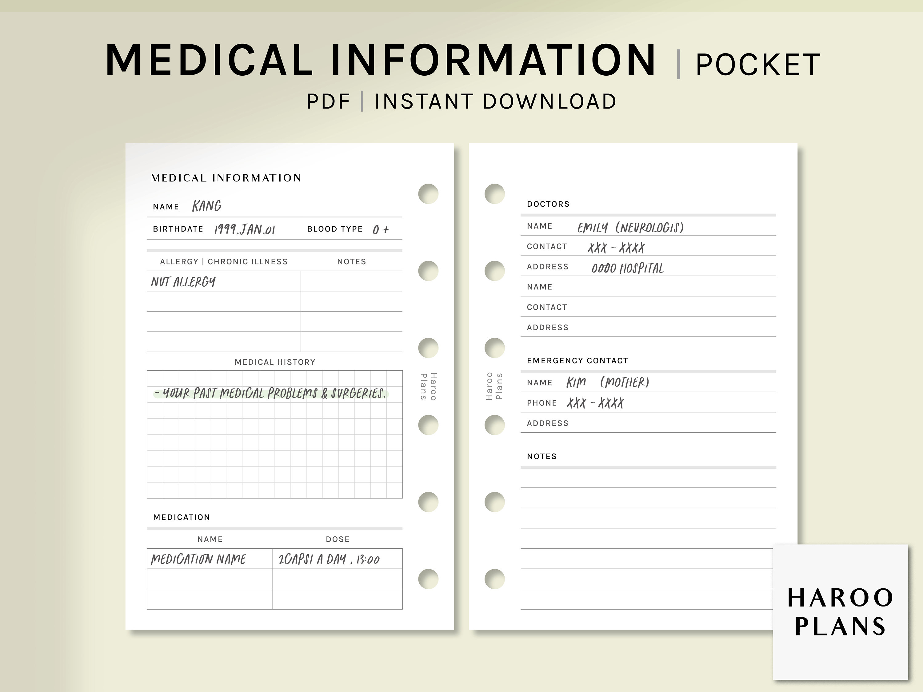 Medical Information | Pocket Rings Printable Planner Inserts | Simple ...