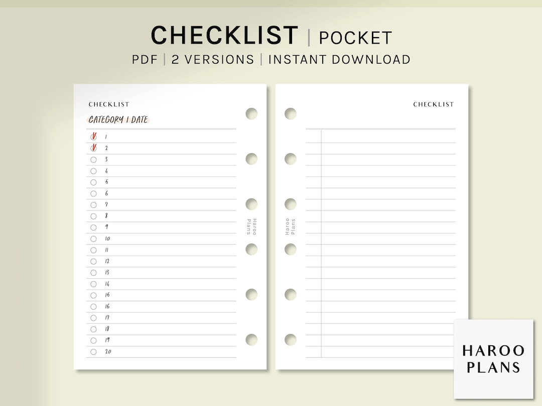 Checklist Sheet | Pocket Size Printable Planner Inserts | Simple to Do ...