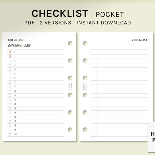 Checklist Sheet Pocket Size Printable Planner Inserts - Etsy