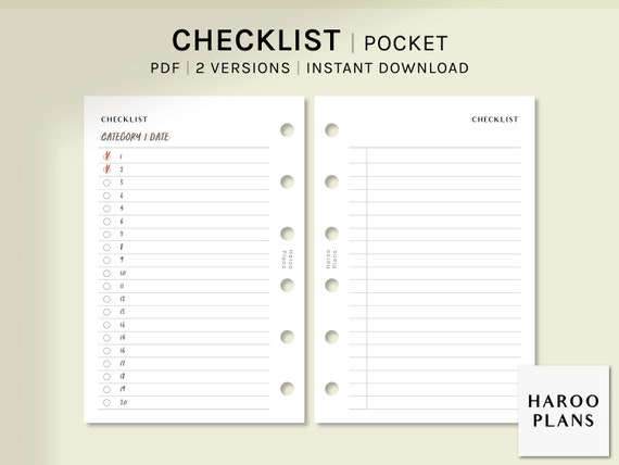 Checklist Sheet Pocket Size Printable Planner Inserts - Etsy