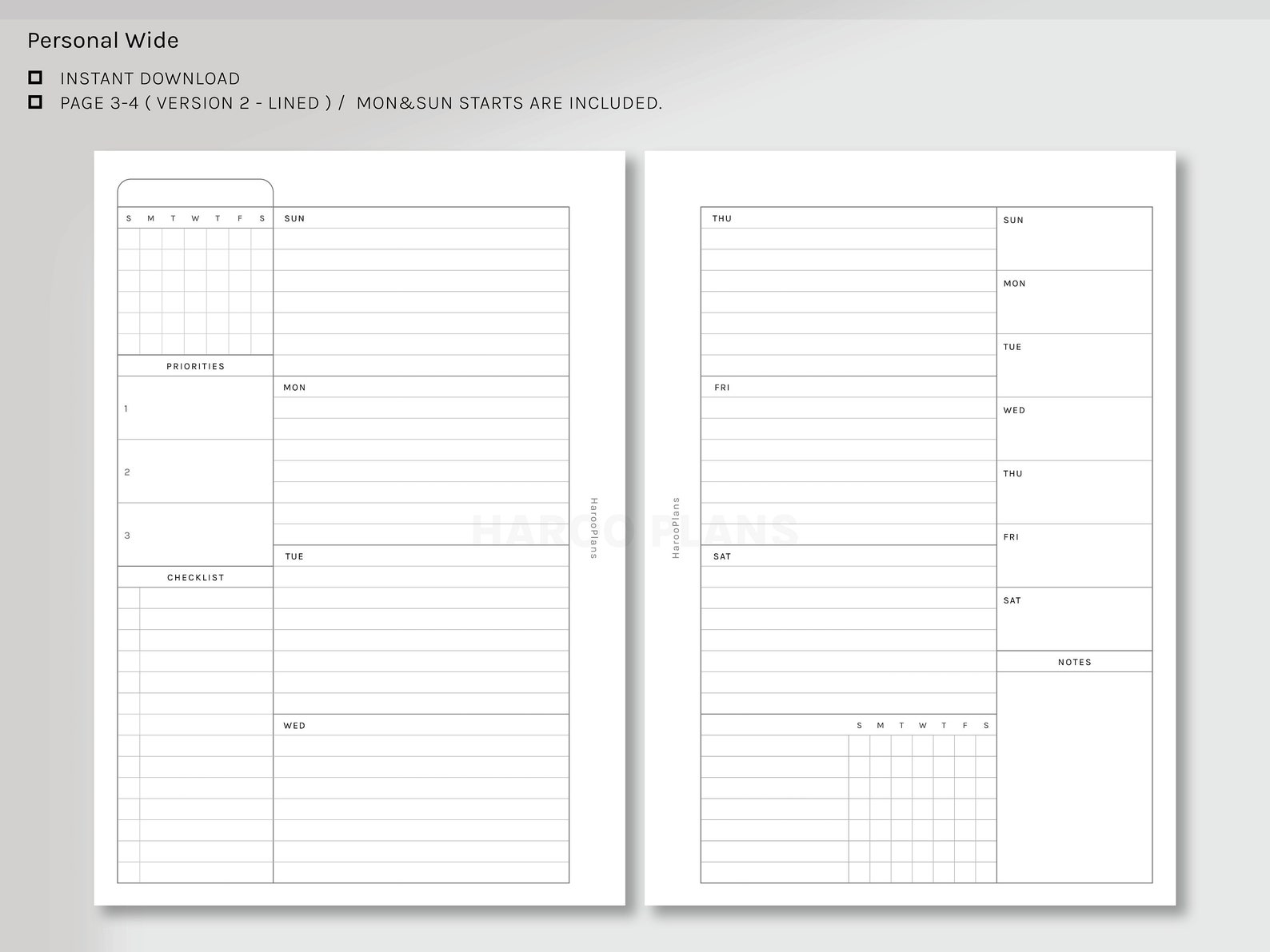 Undated Weekly | Personal Wide Printable Planner Inserts | WO2P ...