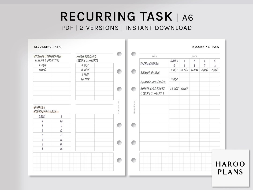 Recurring Task Log Sheet | A6 Printable Planner Inserts | Chores ...