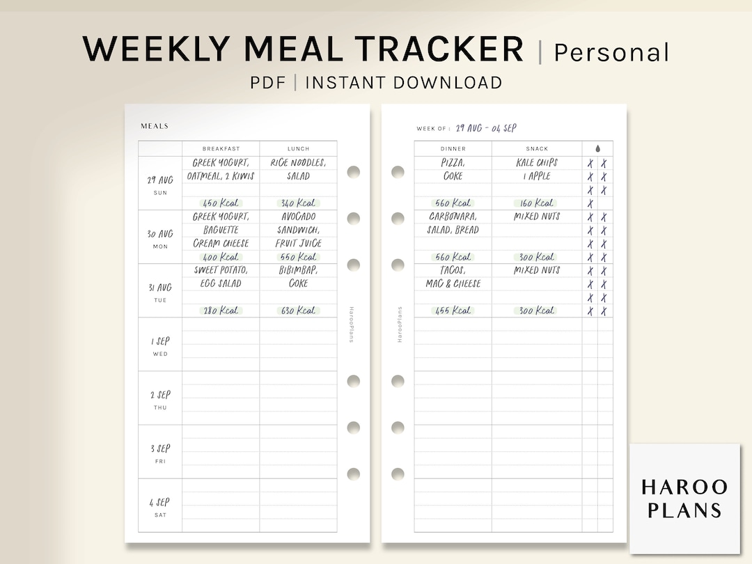 Weekly Meal Tracker | Personal Size Printable Planner Inserts | Food ...