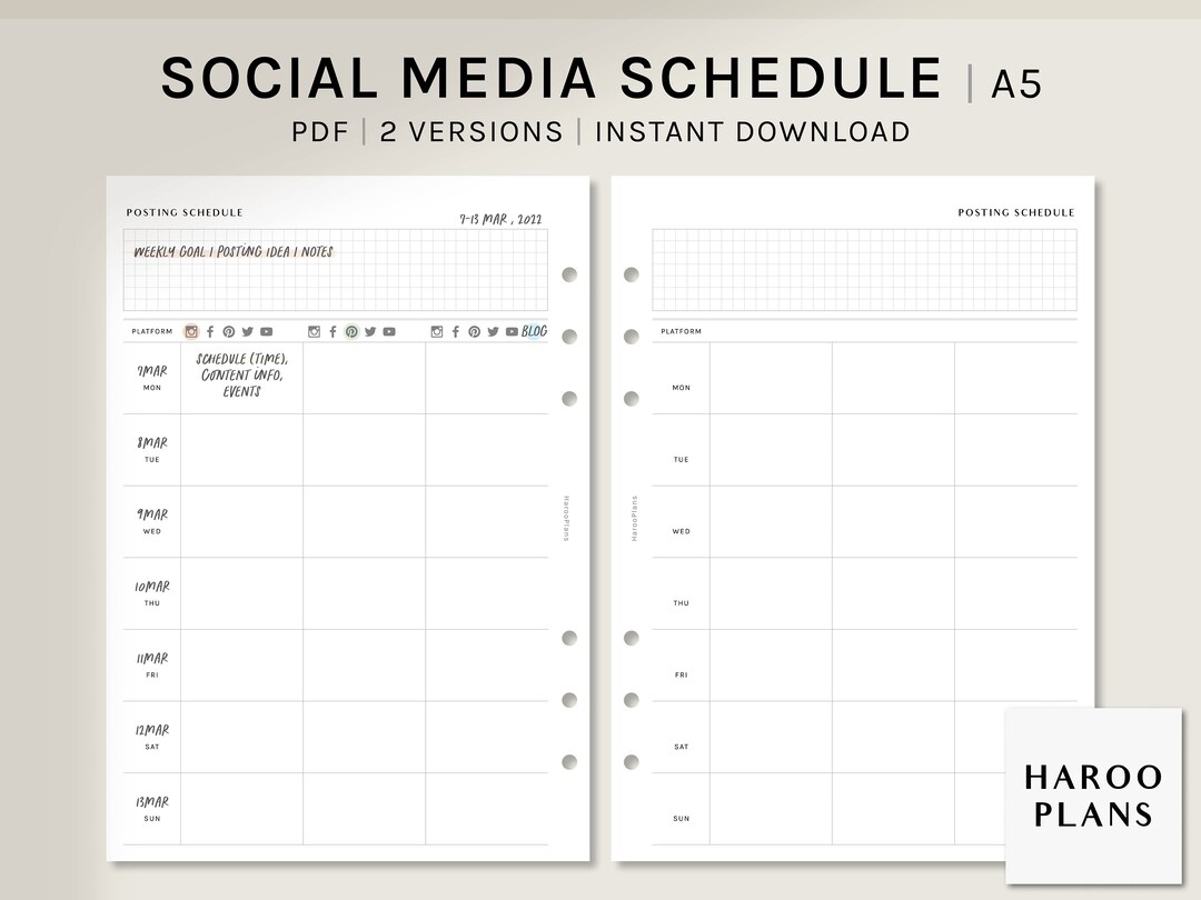 Posting Schedule | A5 Printable Planner Inserts | Weekly Social Media ...