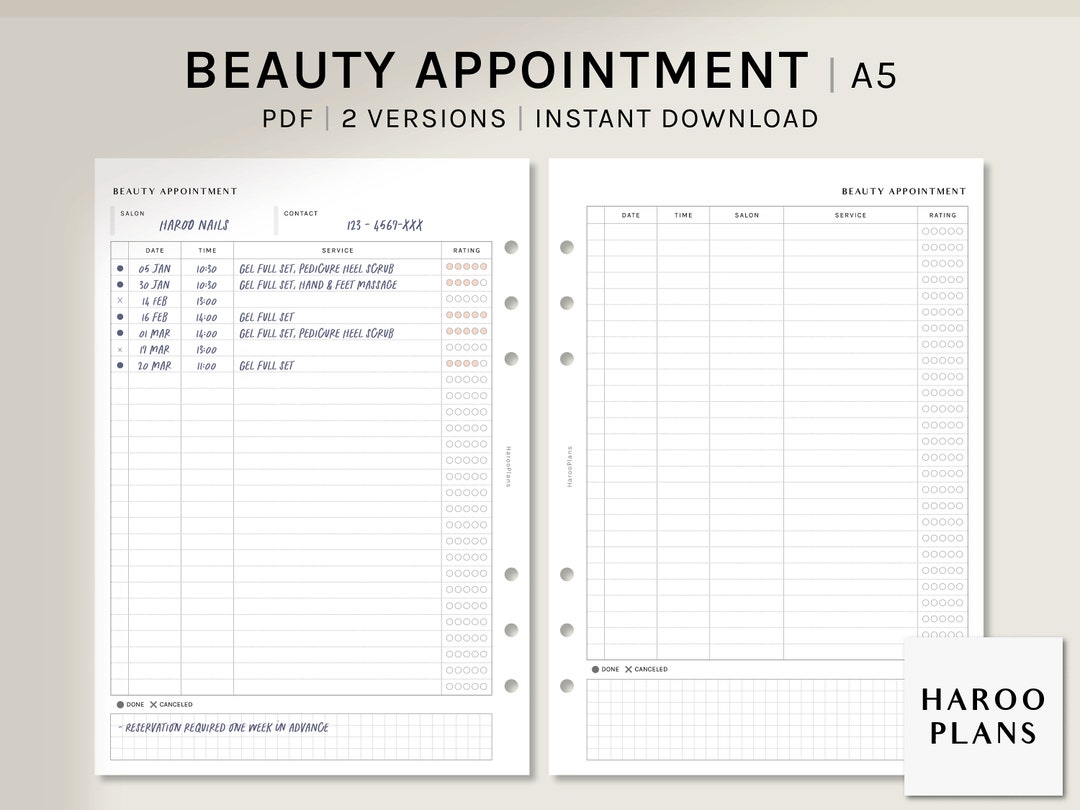 Beauty Appointments Tracker | A5 Printable Planner Inserts | Salon ...