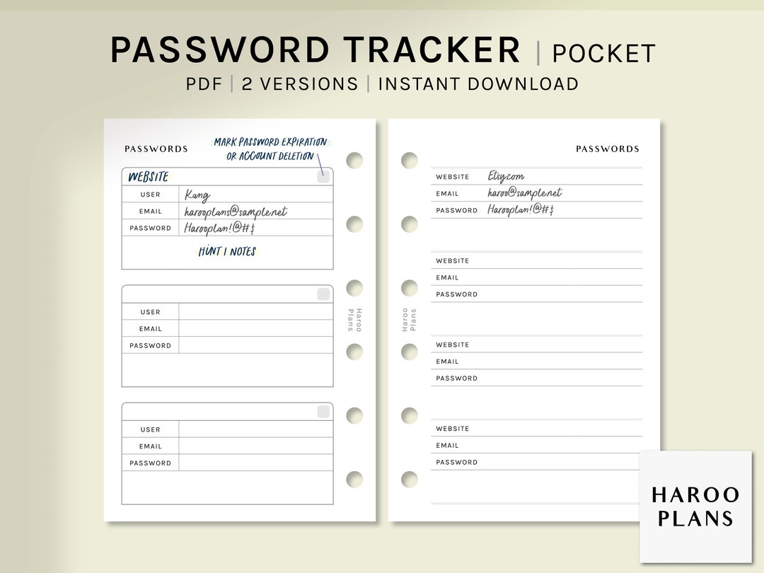 Password Tracker Pocket Size Printable Planner Inserts Password Keeper ...