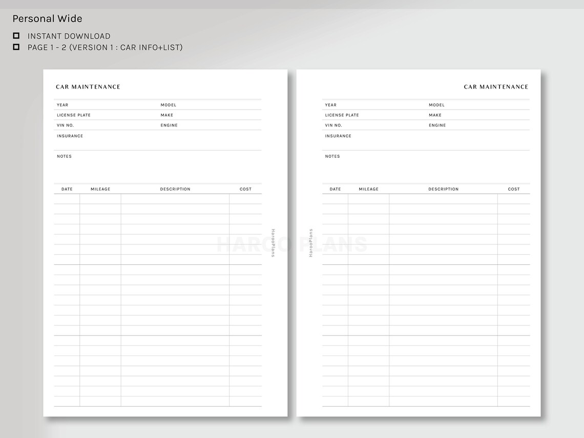 Car Maintenance Personal Wide Printable Planner Inserts - Etsy