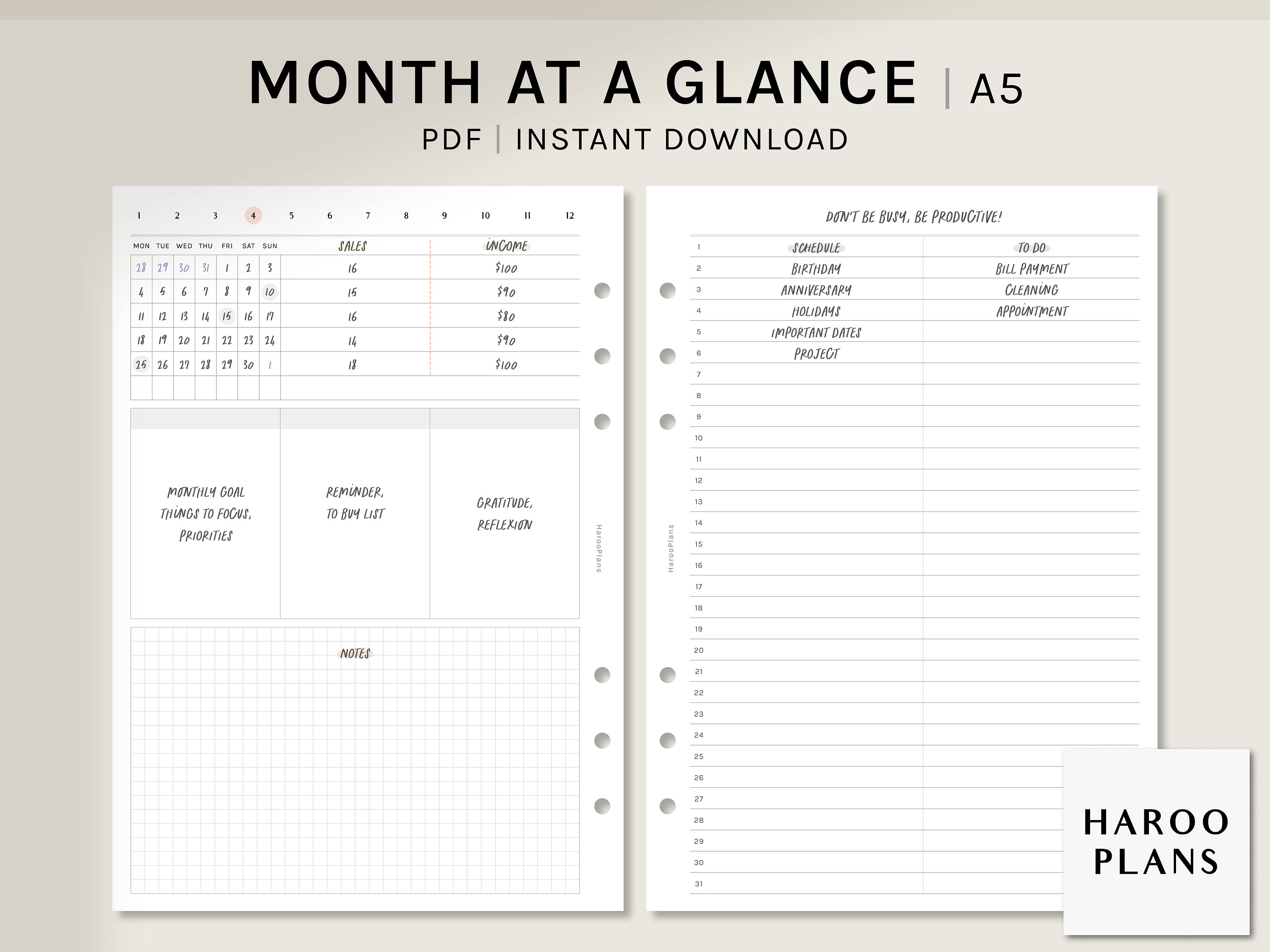 Month at a Glance A5 Printable Planner Inserts Undated - Etsy
