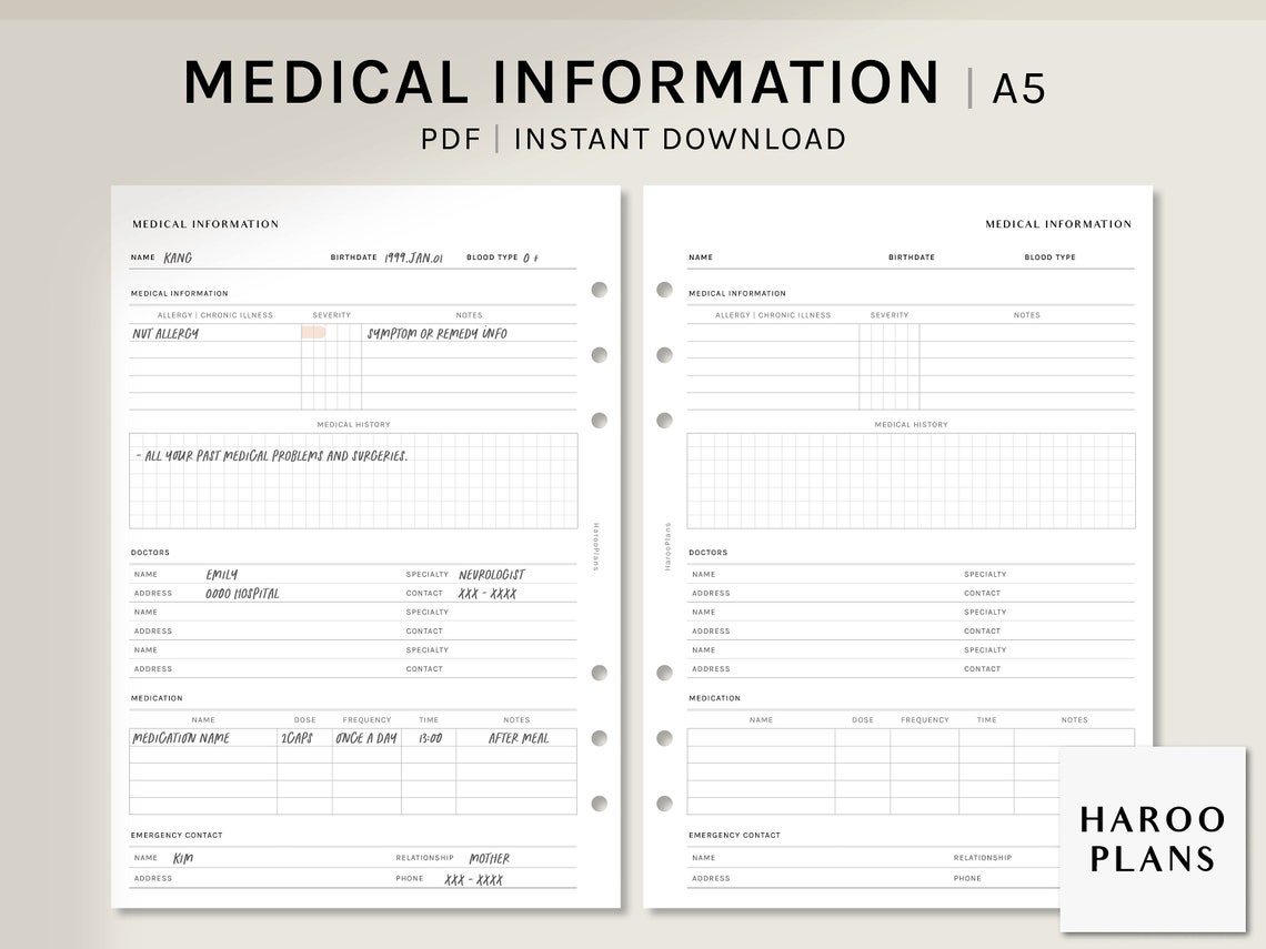 Medical Information Sheet | A5 Printable Planner Inserts | Simple ...