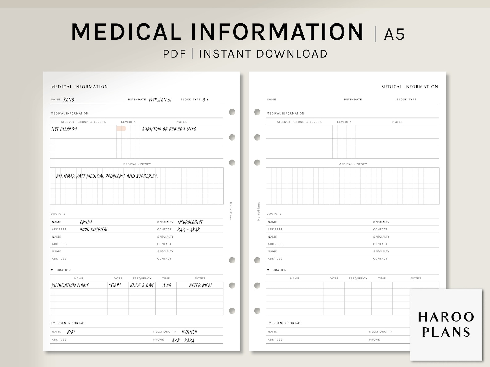 Medical Information Sheet | A5 Printable Planner Inserts | Simple ...