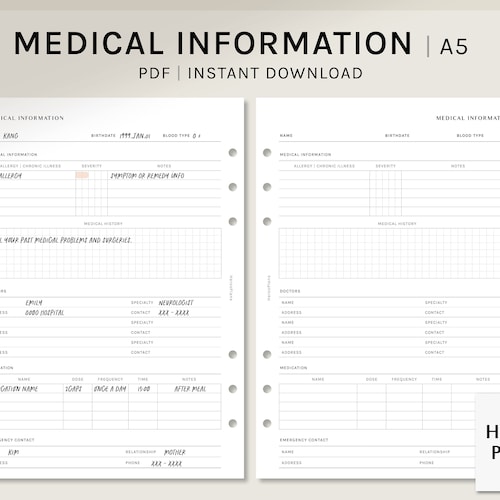 Doctor Visits Log A5 Printable Planner Inserts Medical - Etsy