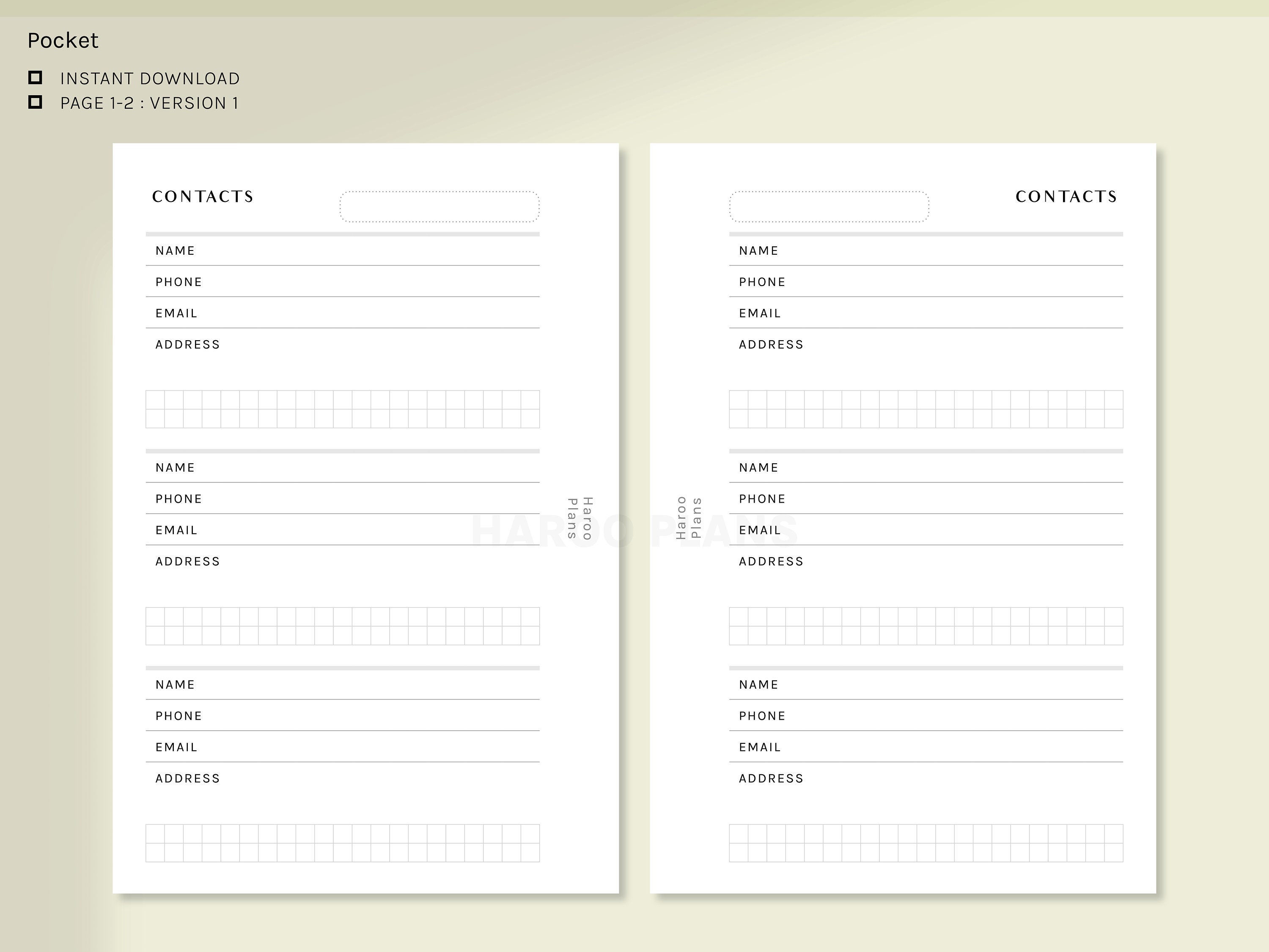 Contact List Sheet | Pocket Size Printable Planner Inserts | Phone ...