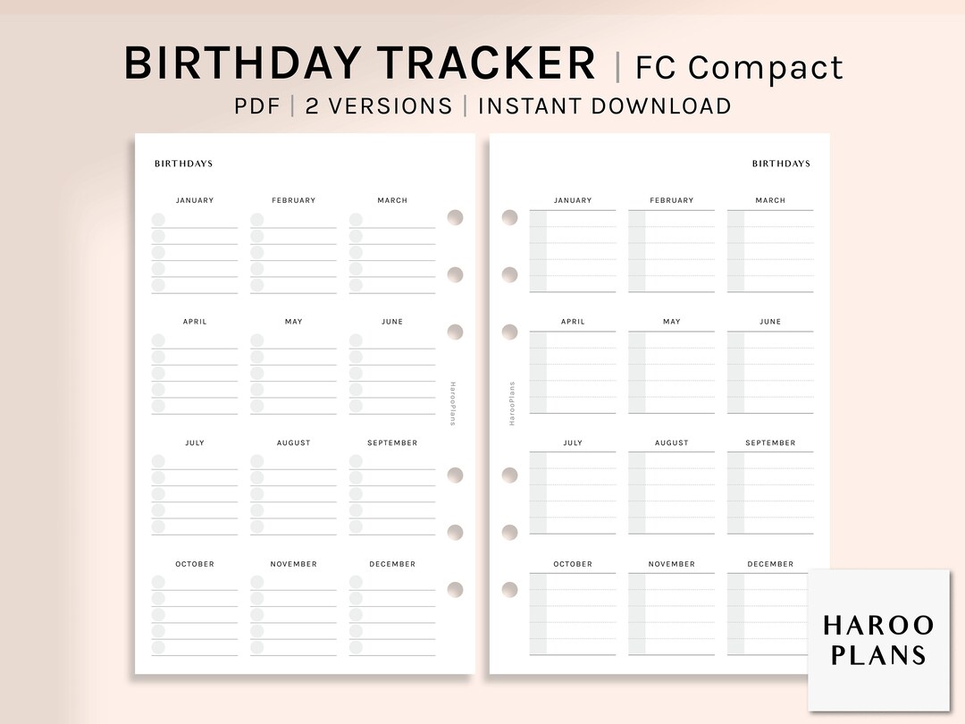 Birthday Tracker | FC Compact Size Printable Planner Inserts | 2 Versions | Yearly Birthday List ...