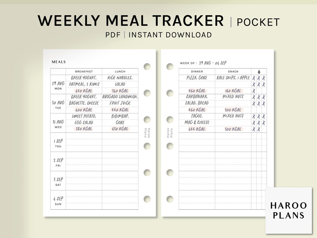 Weekly Meal Tracker | Pocket Size Printable Planner Inserts | Food Log ...