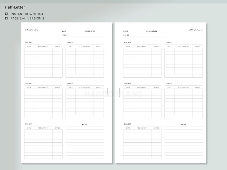 Grade Log Sheet | Half-letter Printable Planner Inserts | Homeschool ...