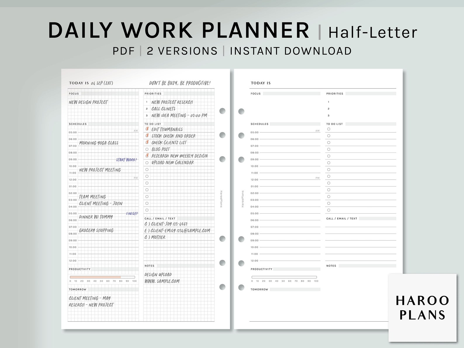 Daily Work Planner | Half-letter Printable Inserts | Productivity ...