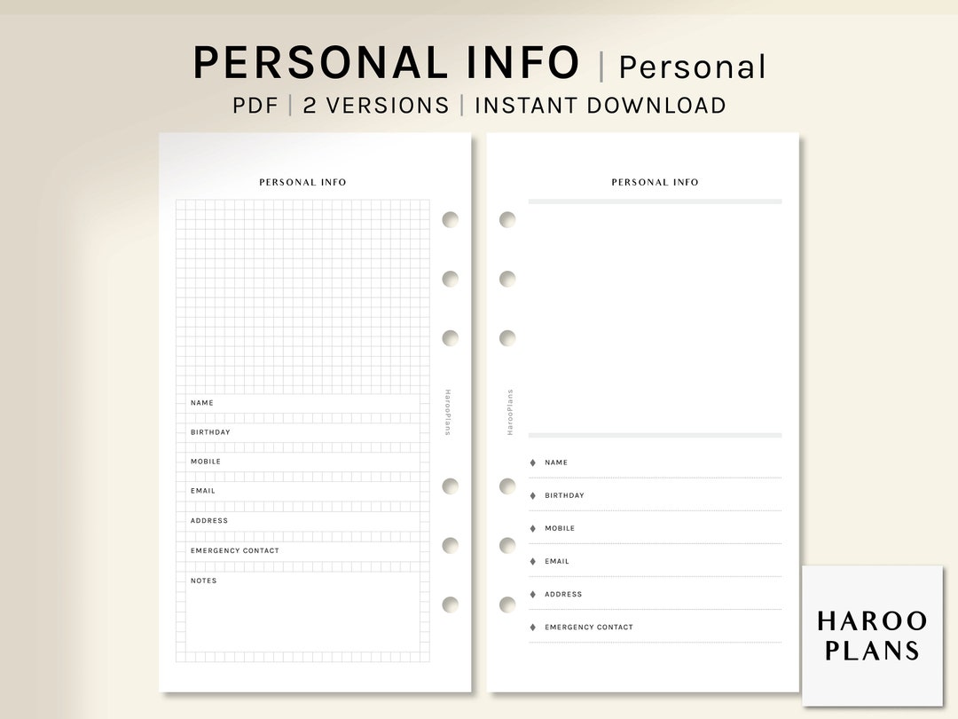 Personal Information Page | Personal Size | Personal Data Sheet ...