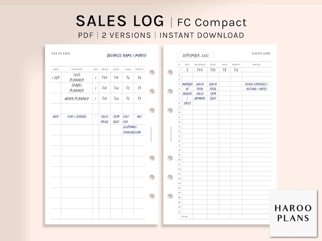 Sales Log | FC Compact Printable Planner Inserts | Order Tracker ...