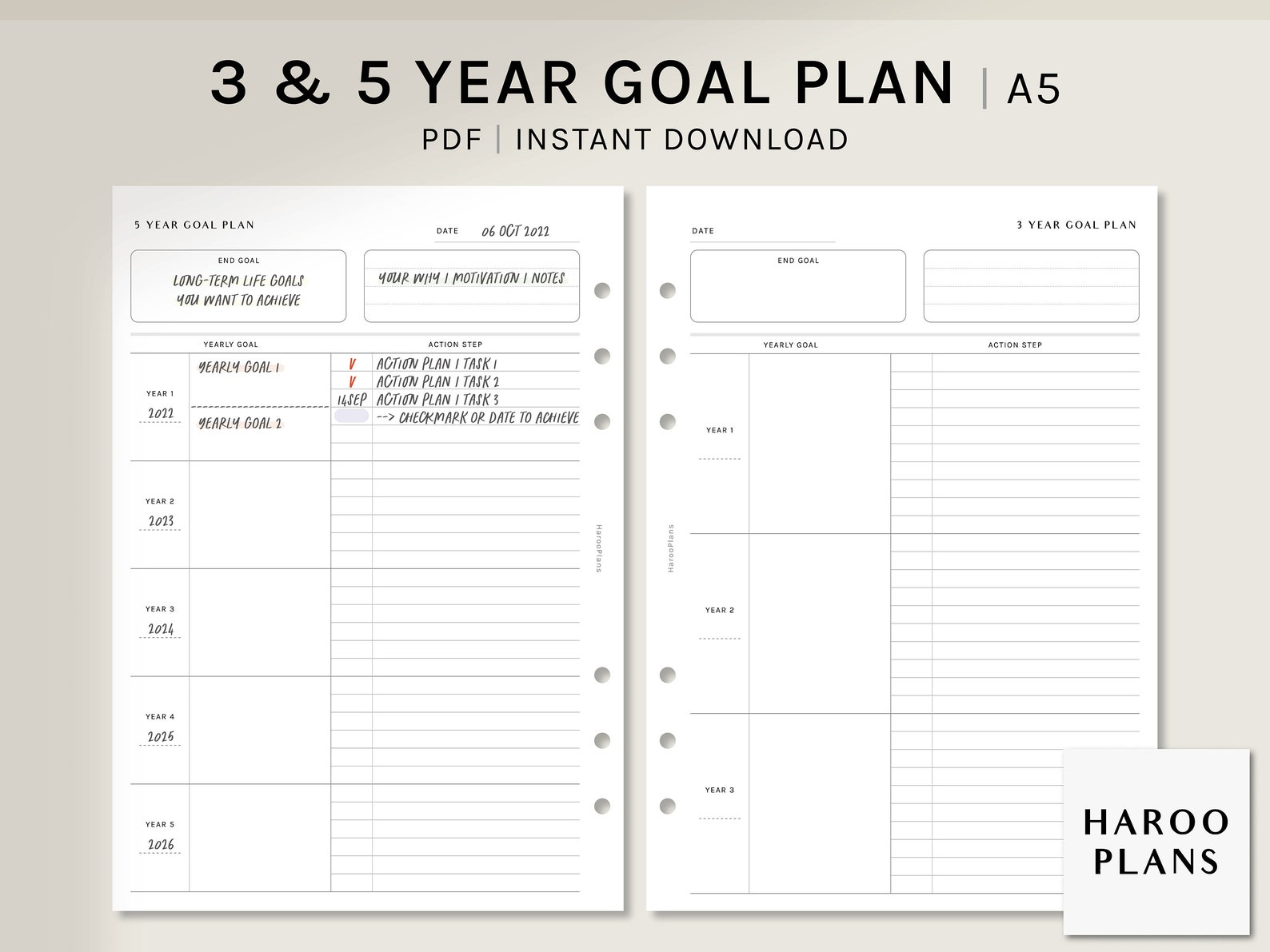 3 and 5 Year Goal Planner | A5 Printable Inserts | Life Goal Action ...
