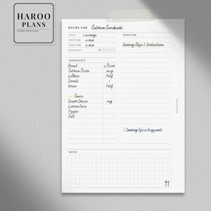 Recipe Sheet | Personal Wide Printable Planner Inserts | Blank Cook ...