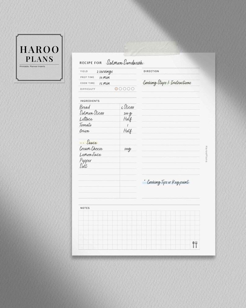 Recipe Sheet Personal Wide Printable Planner Inserts Blank - Etsy