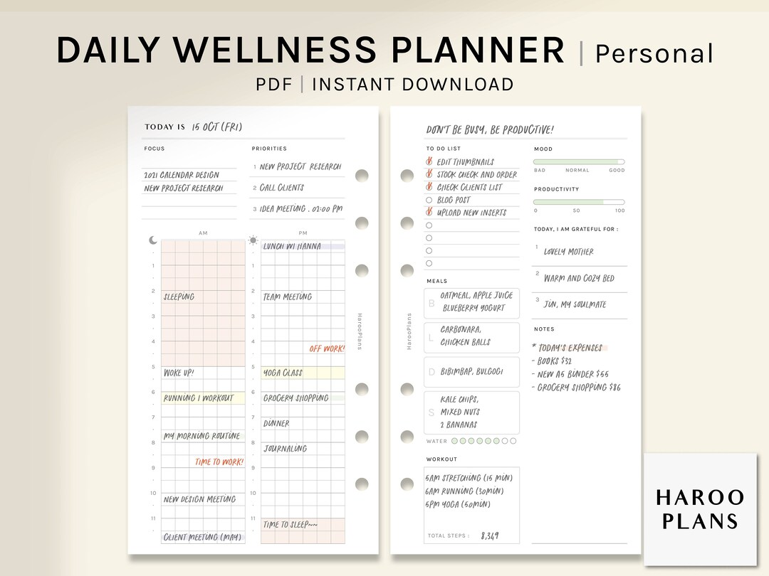 Daily Wellness Planner | Personal Printable Inserts | Schedule Planning ...