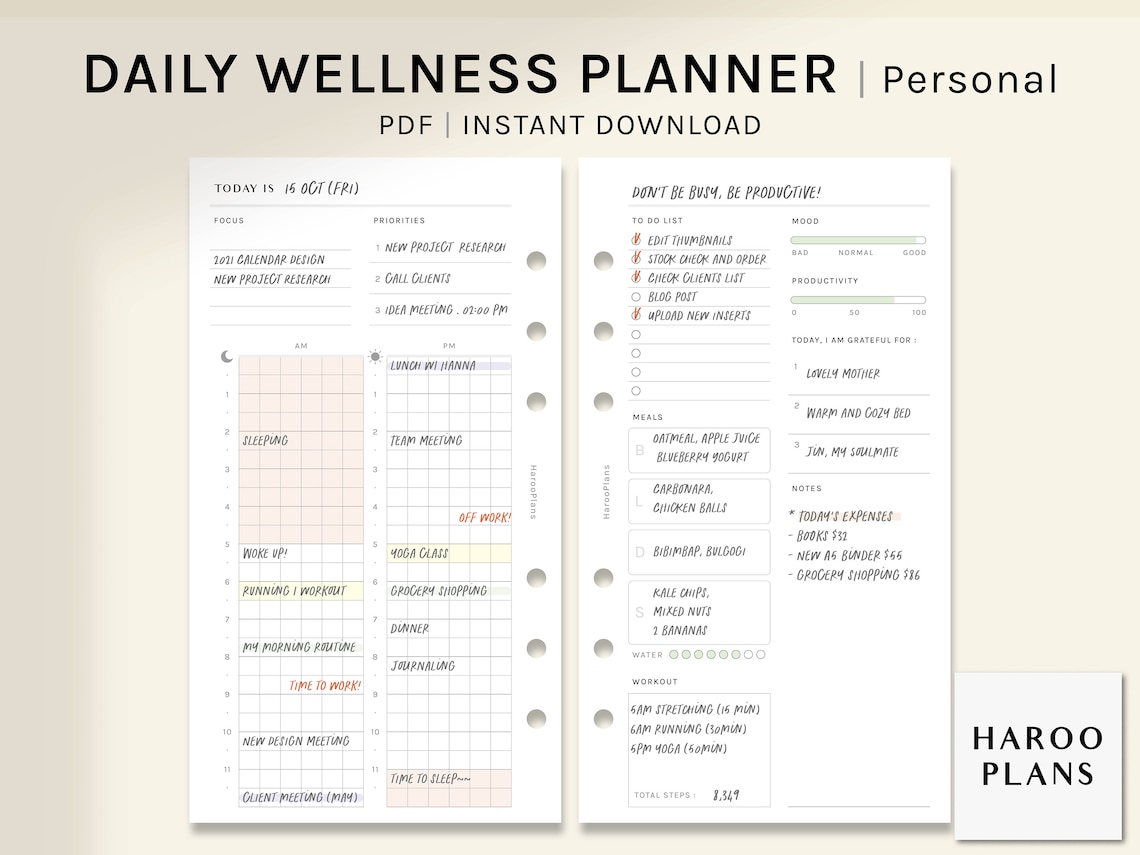 Daily Wellness Planner | Personal Printable Inserts | Schedule Planning ...