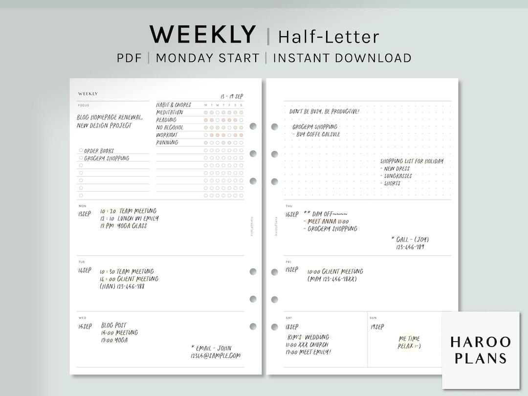 Simple Weekly | Half-letter Printable Planner Inserts | Undated WO2P ...