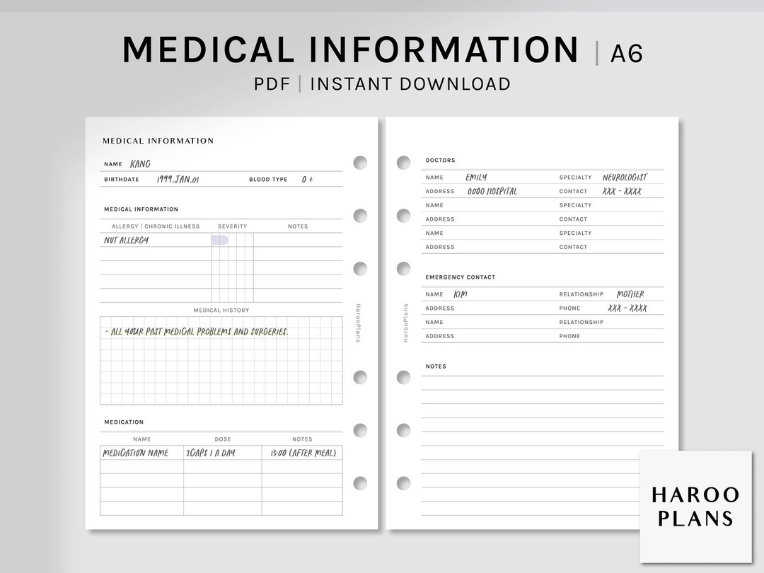 Medical Information Sheet | A6 Printable Planner Inserts | Simple ...
