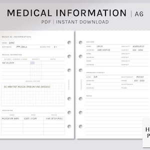 Medical Information Sheet | A6 Printable Planner Inserts | Simple ...
