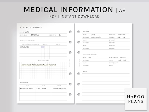 Medical Information Sheet A6 Printable Planner Inserts - Etsy