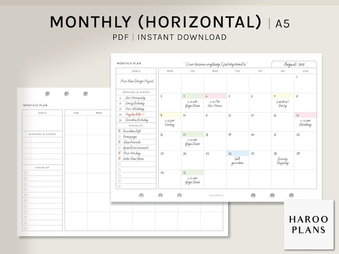 Monthly Planner A5 Printable Planner Inserts MO1P - Etsy