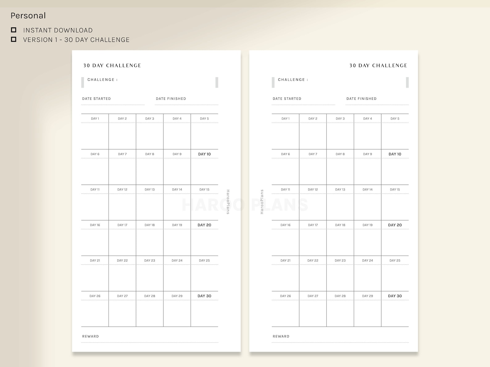 Challenge Sheet | Personal Size Printable Planner Inserts | 30 50 100 ...
