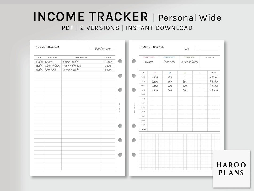 Income Tracker | Personal Wide Printable Planner Inserts | Money Log ...