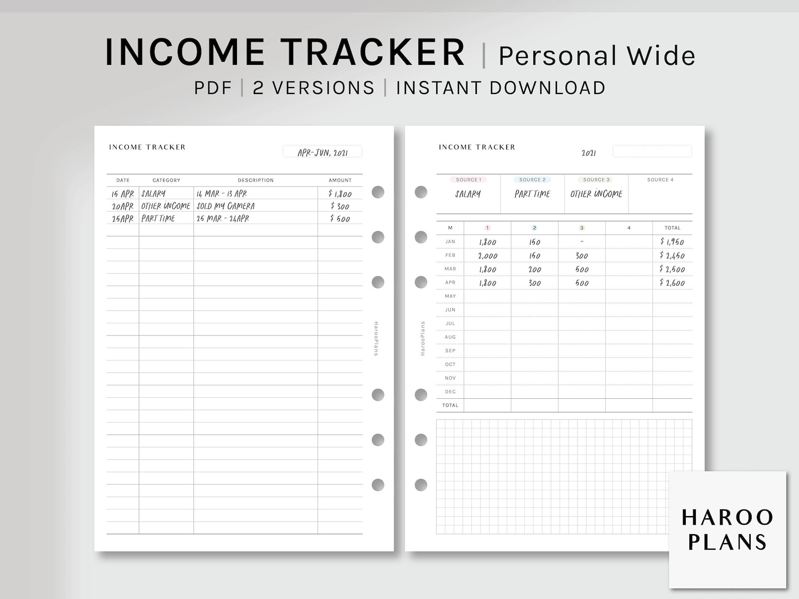 Income Tracker Personal Wide Printable Planner Inserts - Etsy