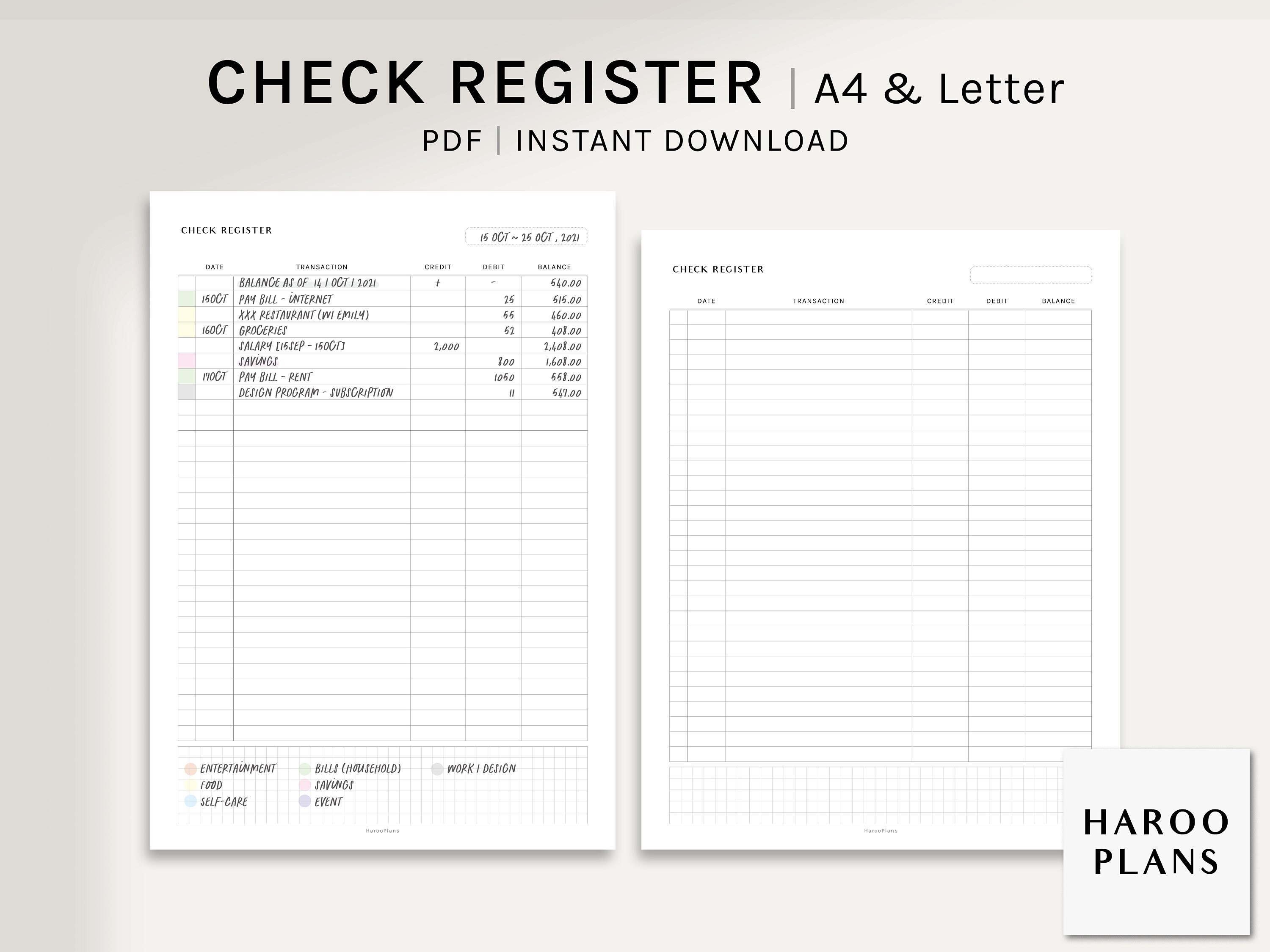 Check Register | A4, US Letter Printable Planner Inserts | Checkbook ...