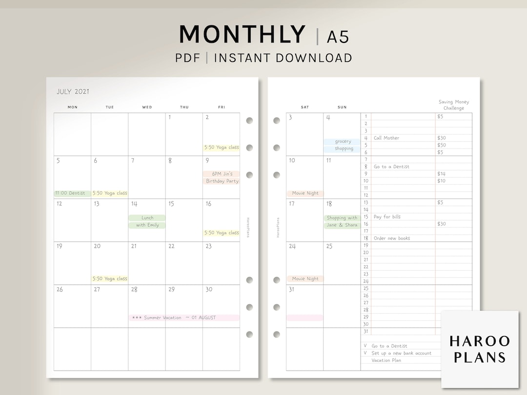 Undated Monthly Planner | A5 Printable Planner Inserts | MO2P Layout ...