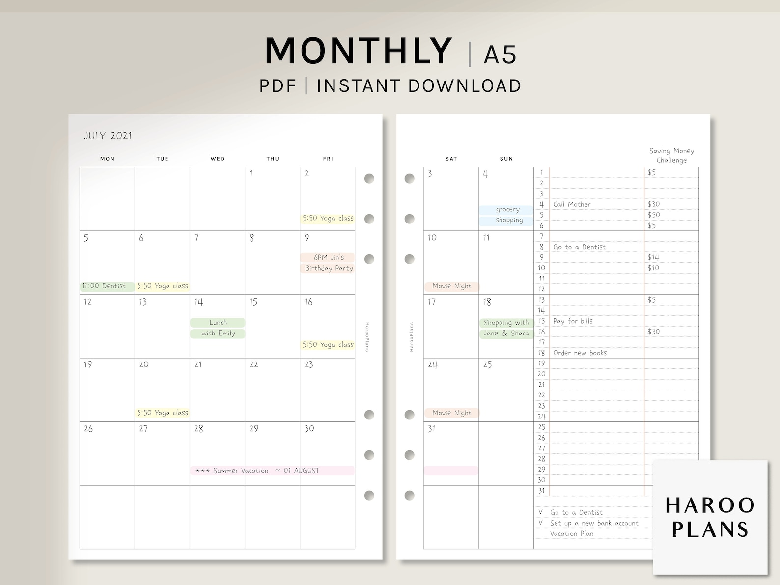 Undated Monthly Planner | A5 Printable Planner Inserts | MO2P Layout ...