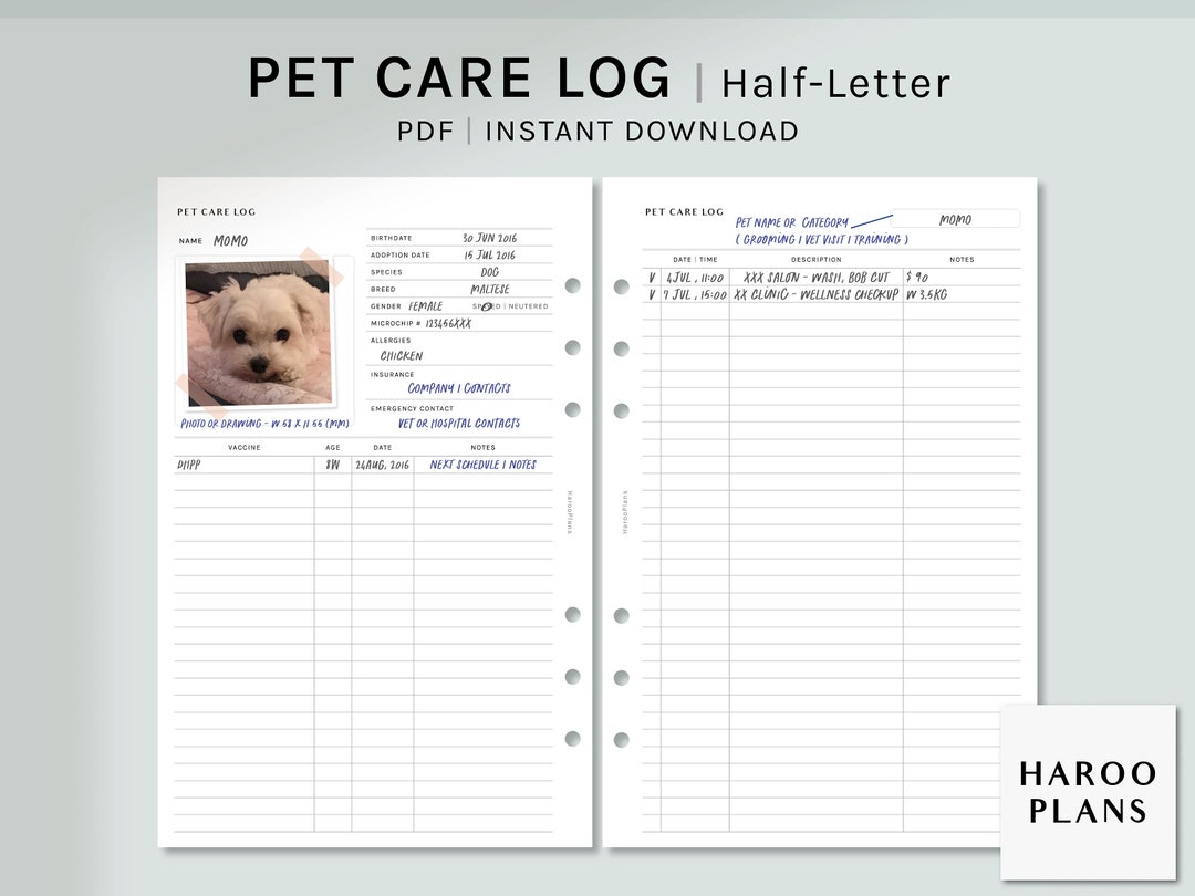 Pet Care Log | Half-letter Printable Planner Inserts | Animal Profile ...