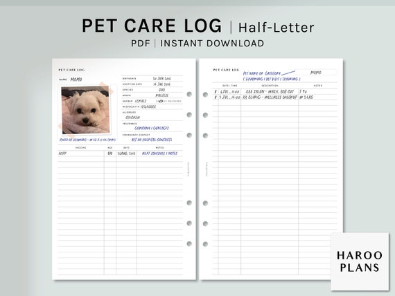 Pet Care Log Half-letter Printable Planner Inserts Animal - Etsy UK