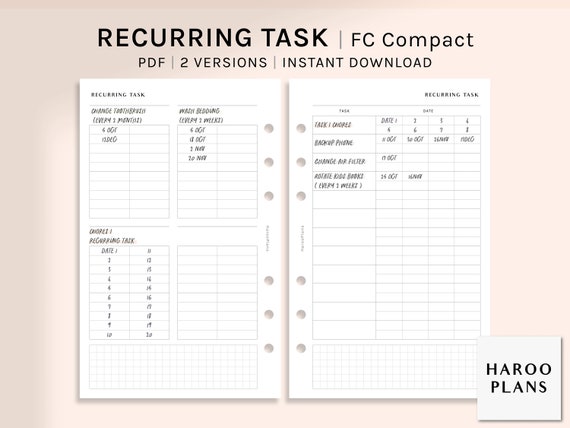 Recurring Task FC Compact Printable Planner Inserts Chores - Etsy