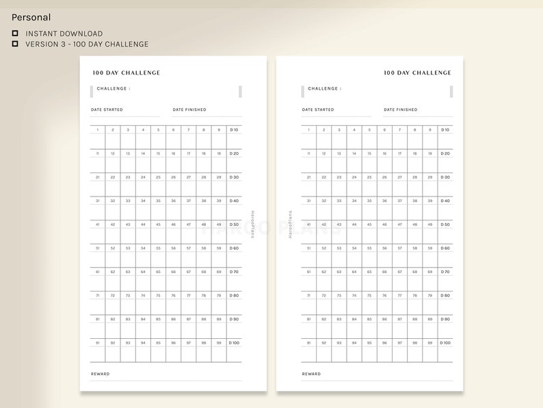 Challenge Sheet | Personal Size Printable Planner Inserts | 30 50 100 ...