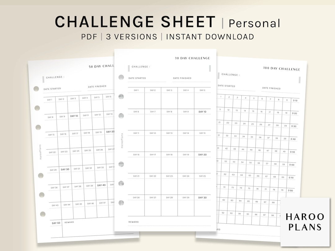 Challenge Sheet | Personal Size Printable Planner Inserts | 30 50 100 ...
