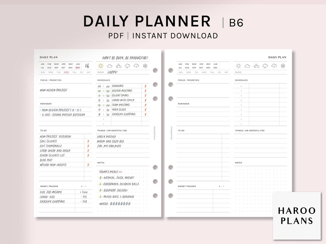 Daily Planner | B6 Ring Printable Inserts | Schedule Template | to Do ...