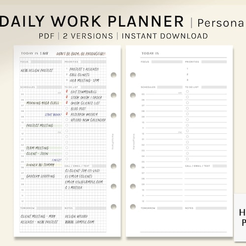 Daily Work Planner A5 Printable Inserts Productivity - Etsy